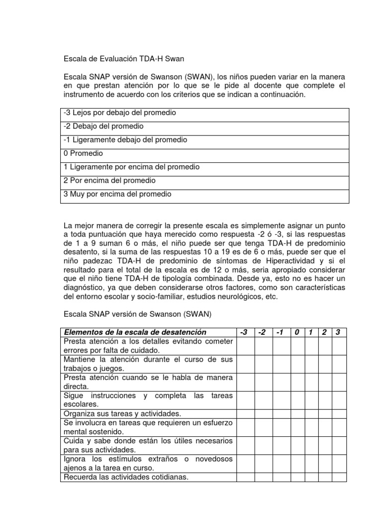 Escala SWAN para Evaluar TDA-H | PDF | Relaciones personales, crianza y ...