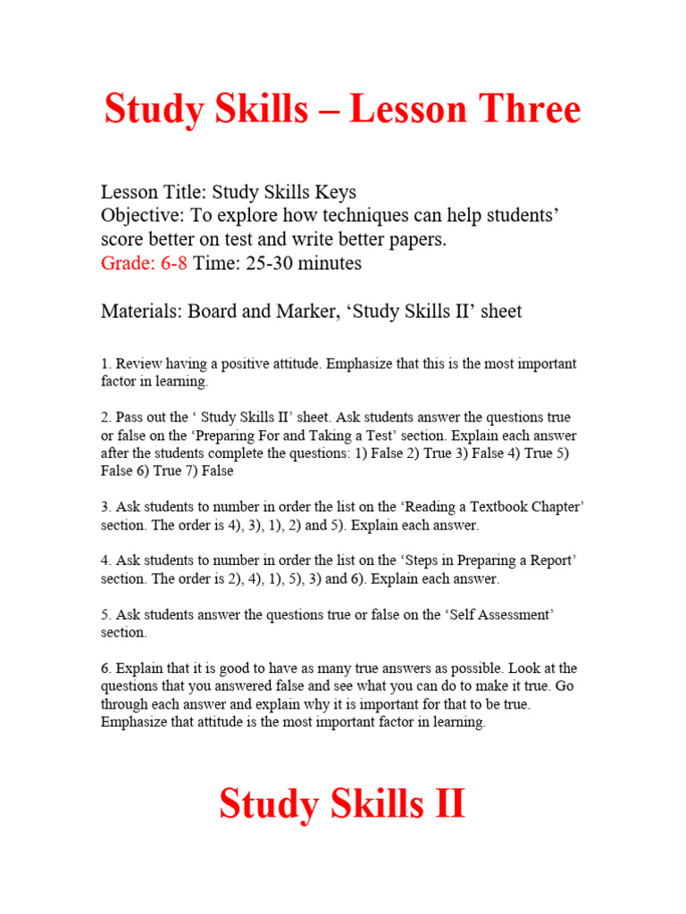 Study Skills Lesson 3 | PDF