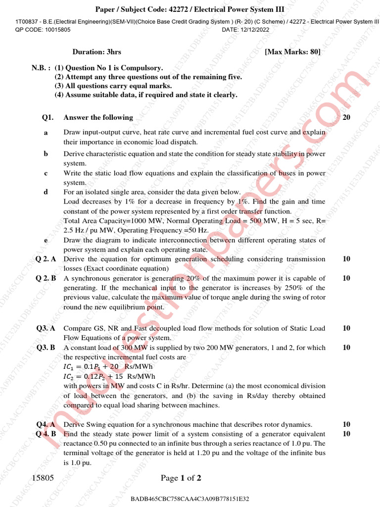 Electrical Power System Exam Questions | PDF