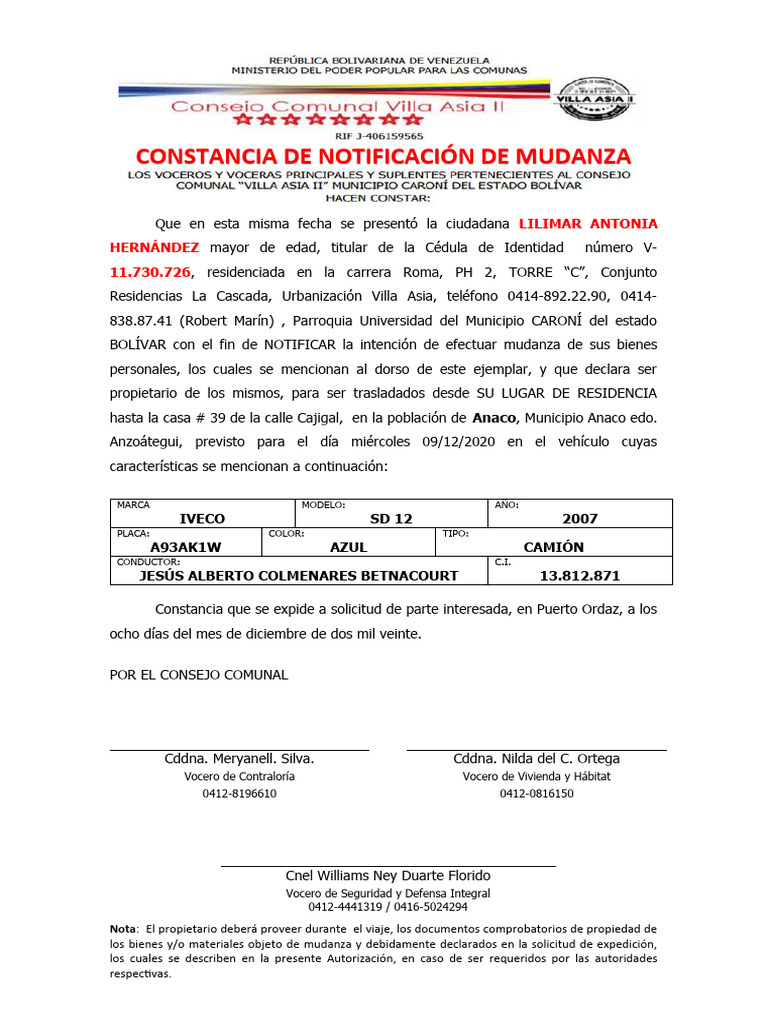 Permiso de Mudanza LILIMAR HERNÁNDEZ | PDF