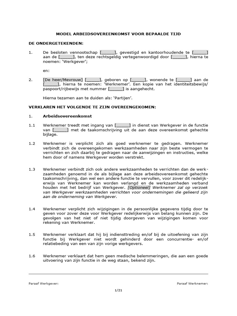 1 Model Arbeidsovereenkomst Voor Bepaalde Tijd | PDF