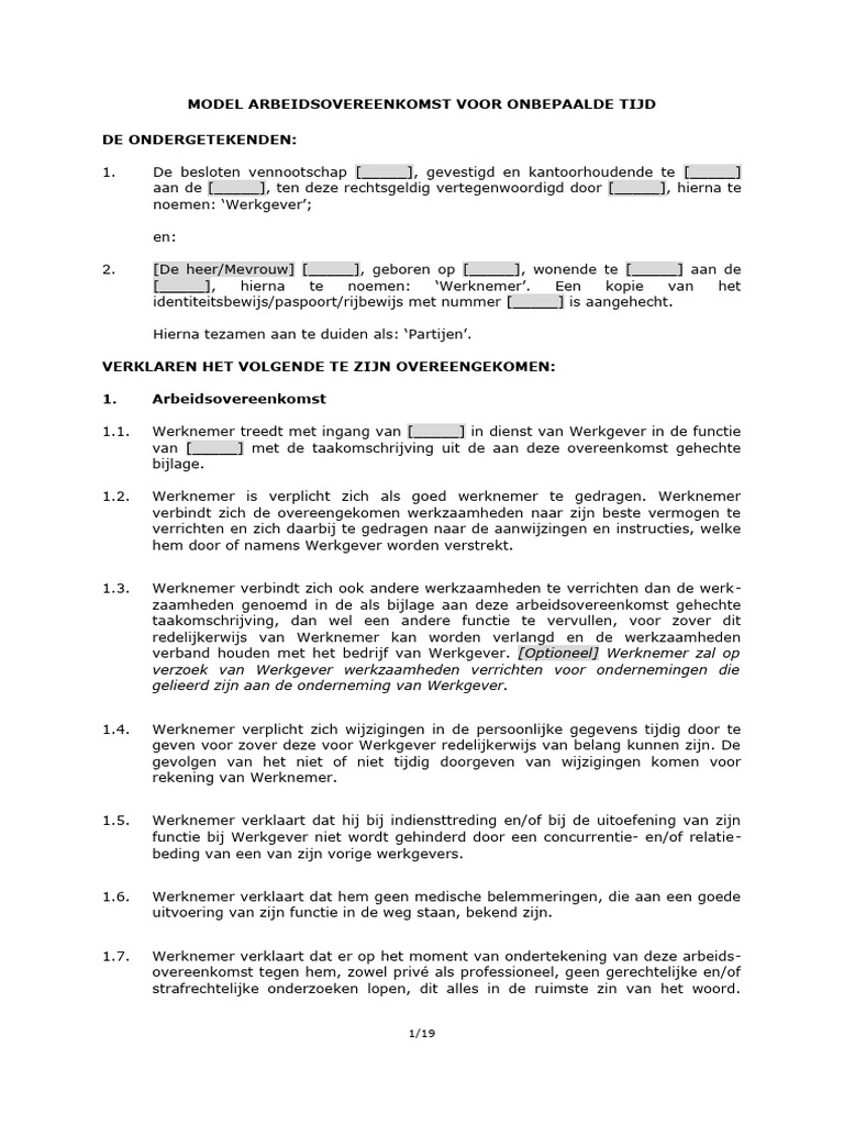 2 Model Arbeidsovereenkomst Voor Onbepaalde Tijd | PDF