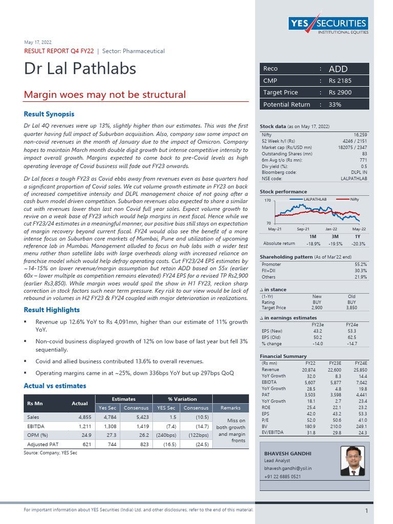 DR Lal Pathlabs 4qfy22 | PDF