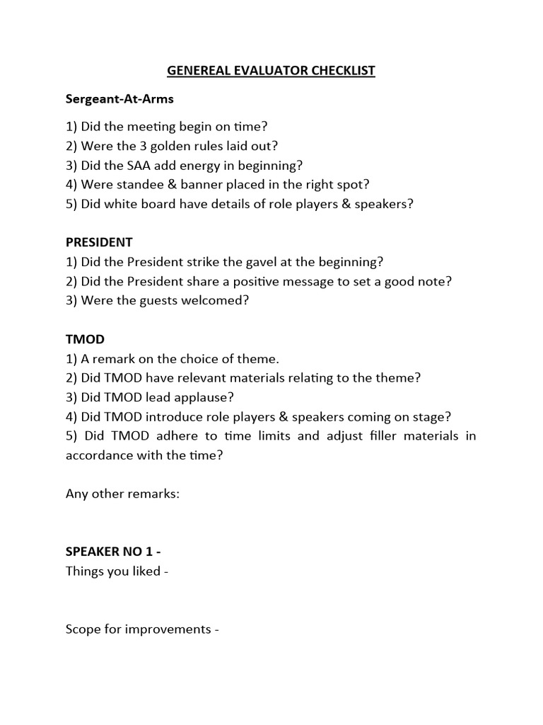 Toastmasters Meeting Checklist | PDF | Human Communication