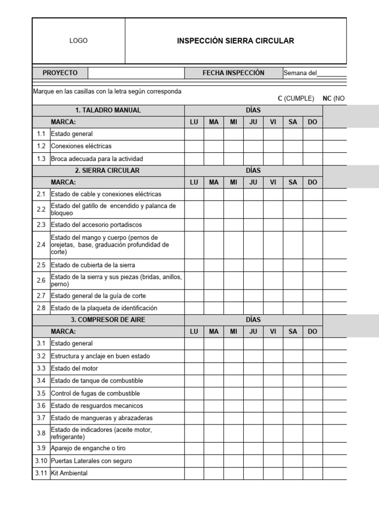 Check List Sierra Circular | PDF | Equipo | Ingeniería mecánica