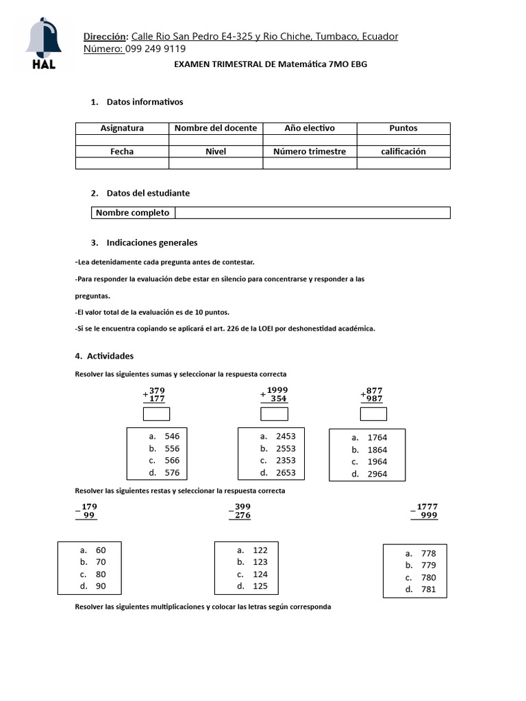 Examen Trimestral de Matematica 7mo Gerardo Ebg | PDF