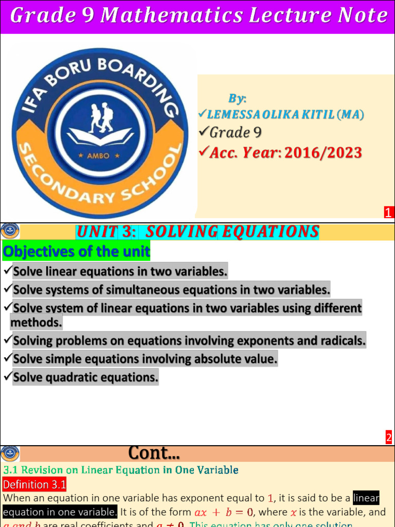 Maths Grade 9 Unit 3 Solving Eqautions | Download Free PDF | Equations | Quadratic Equation