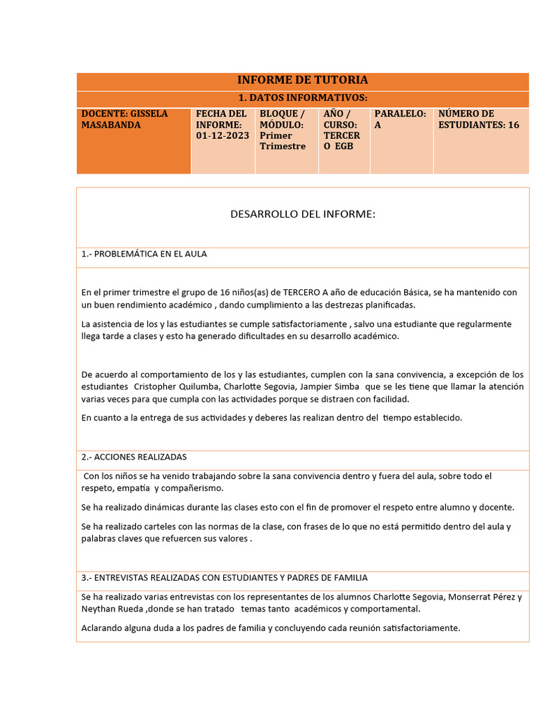 Informe de Tutoria Tercer Grado | PDF | Salud y bienestar
