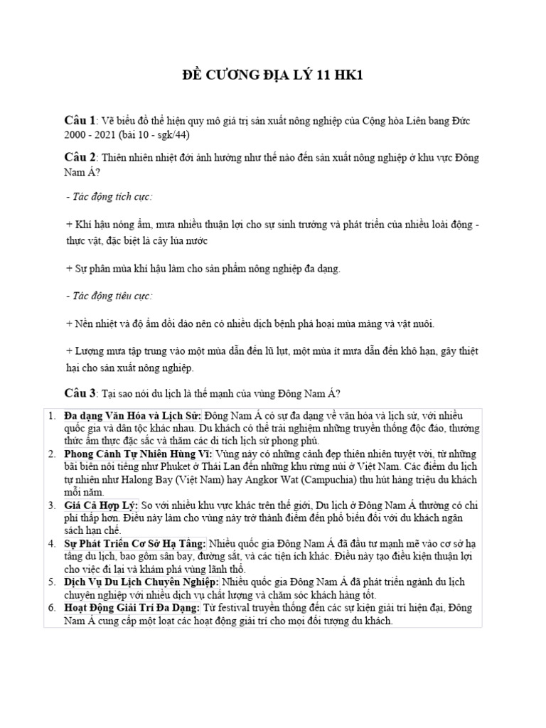 ĐỀ CƯƠNG ĐỊA LÝ 11 HK1 | PDF