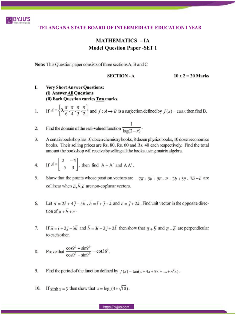 Telangana Board Class 11 Maths IA Sample Paper Set 1 | PDF