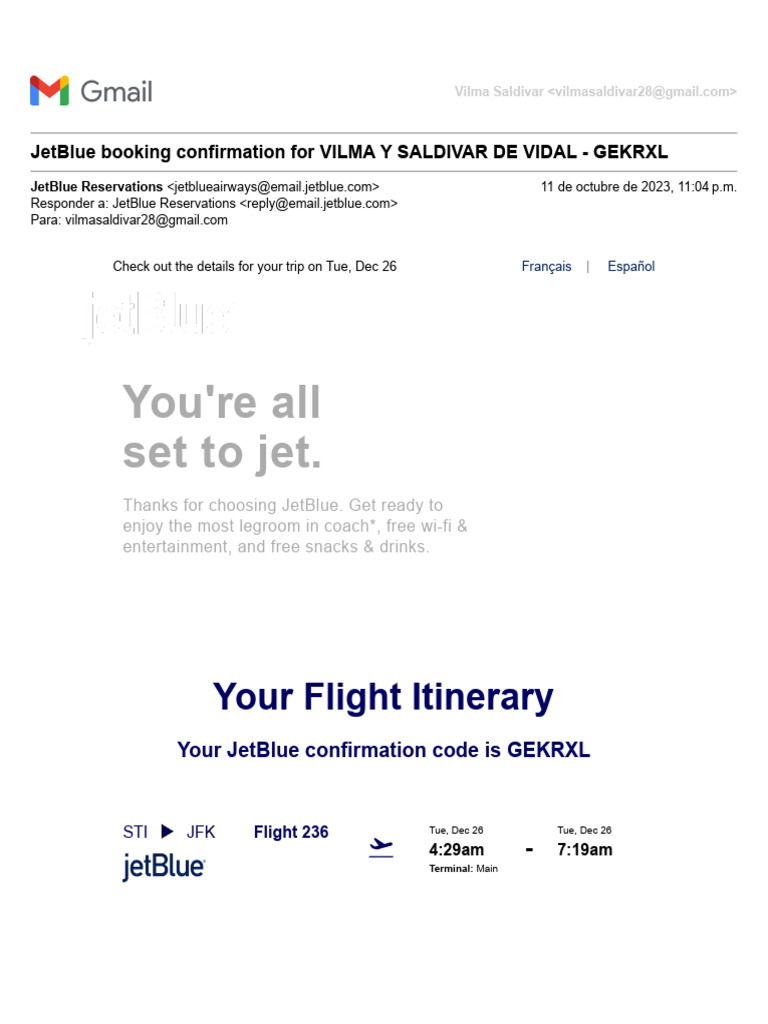 JetBlue Booking Confirmation For VILMA Y SALDIVAR DE VIDAL - GEKRXL ...
