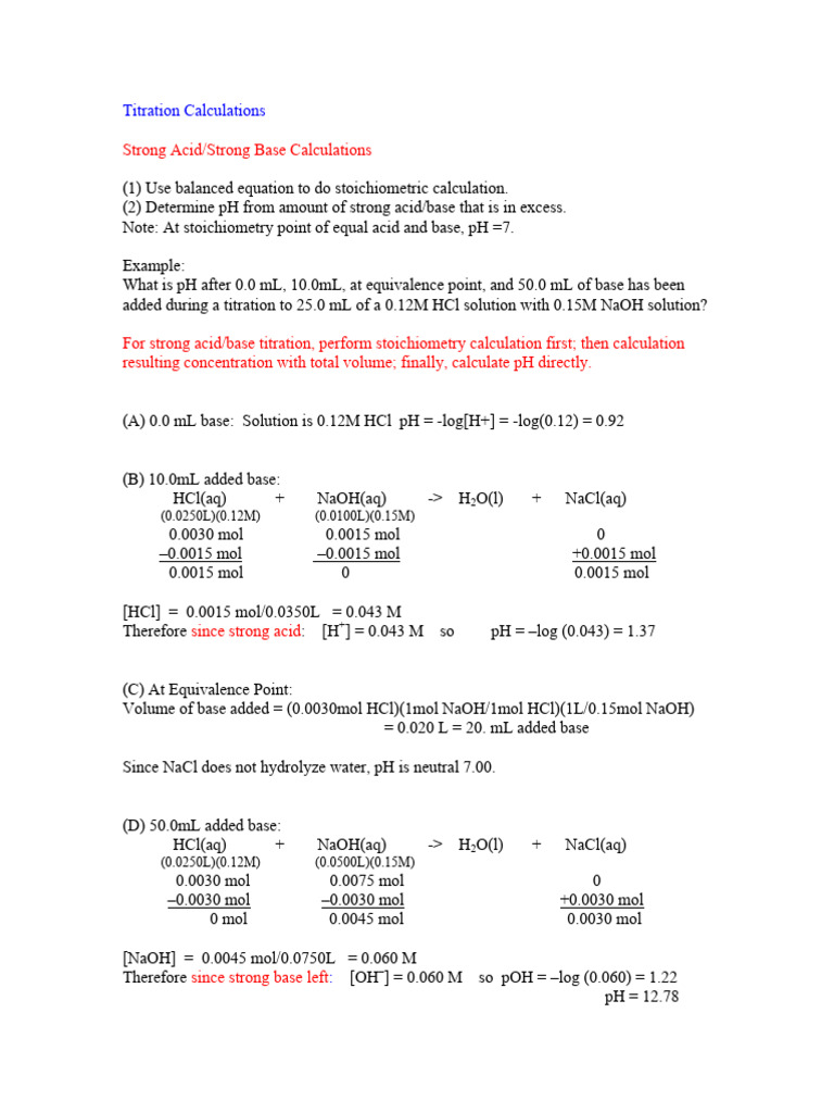 Titration Calculation Answer Key | PDF | Ph | Chemistry