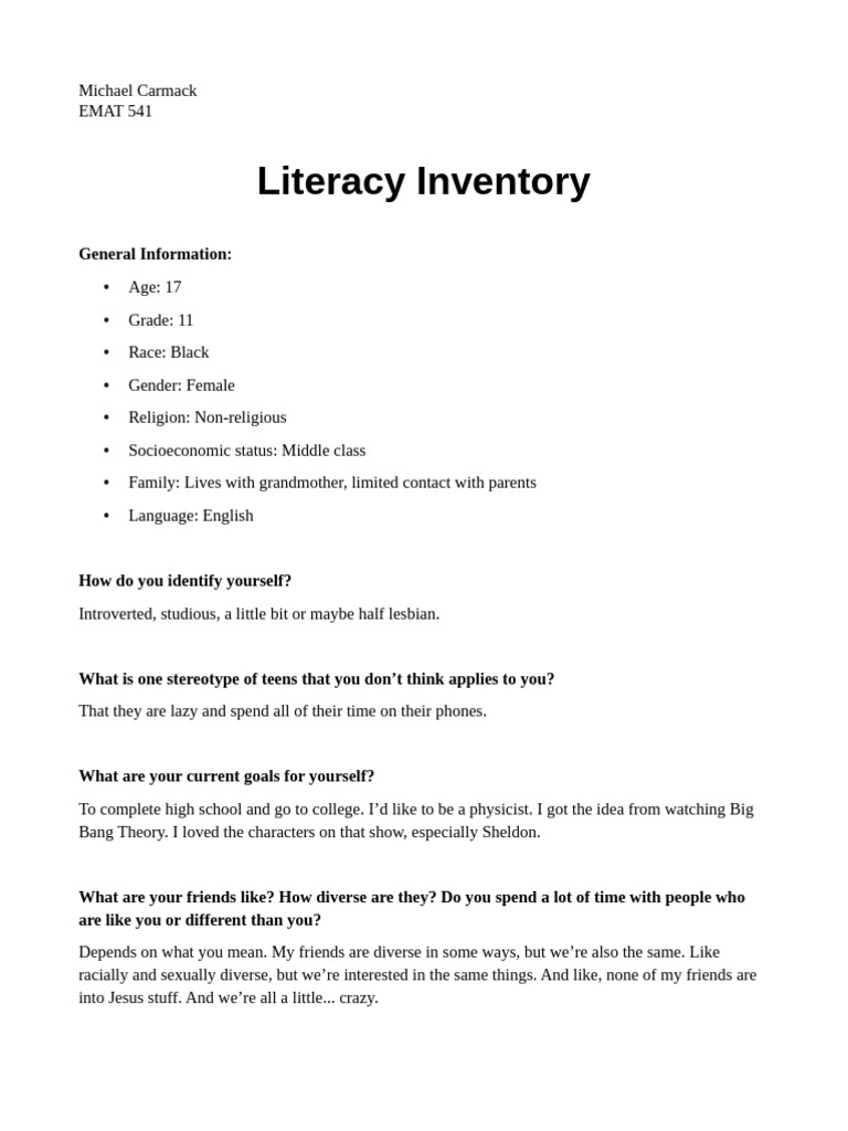 Literacy Inventory | PDF