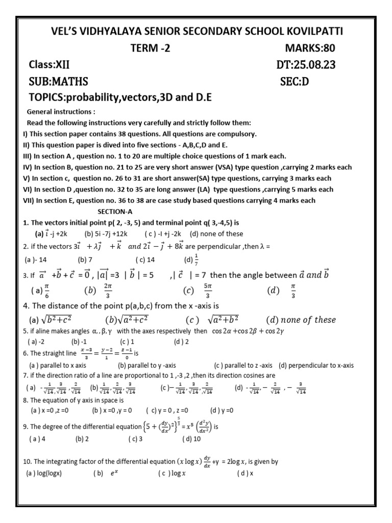 Term 2 Class12th Maths | PDF | Equations | Cartesian Coordinate System