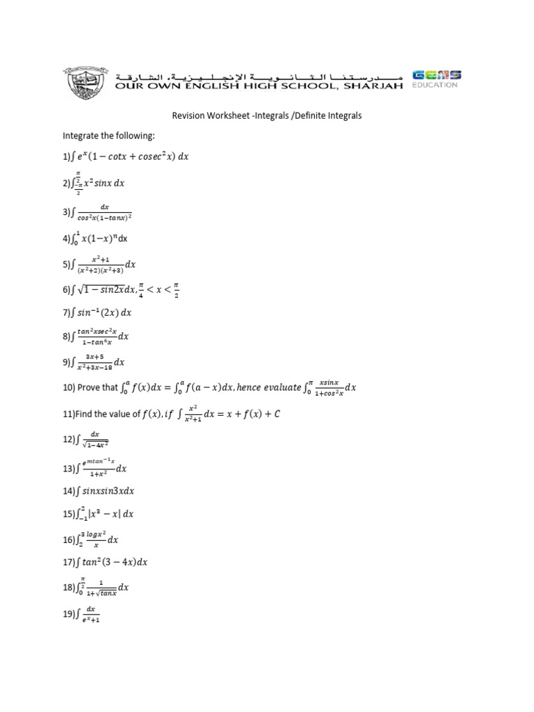 Revision Worksheet: Definite Integrals | PDF
