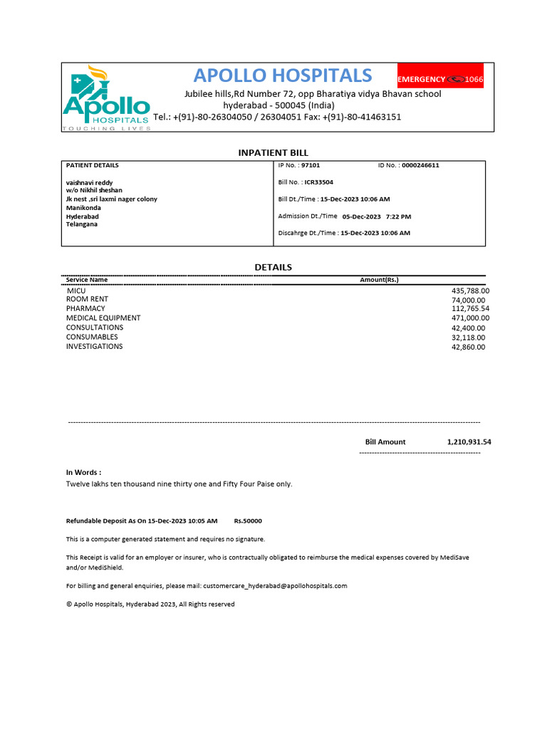 Vaishnavi Reddy 205064886 Medical Bill | PDF