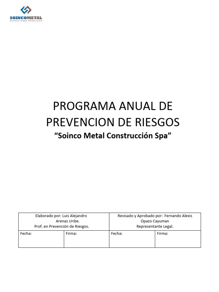 Programa-Anual-de-Prevencion-de-Riesgos 2024 Soinco Metal Construcción Spa | PDF