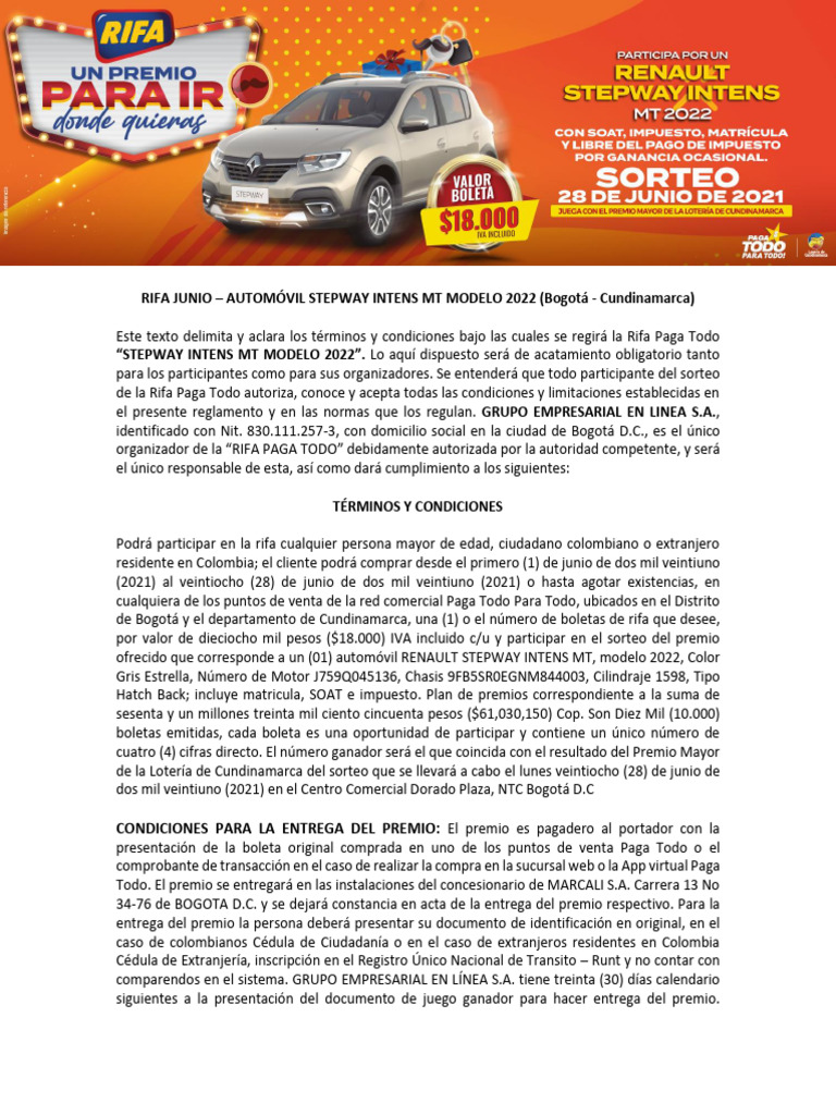 Términos y Condiciones Del Sorteo de Las Motos | PDF | Publicidad | Internet