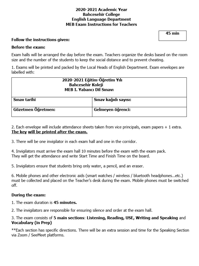 MEB Exam Instructions For Teachers | PDF