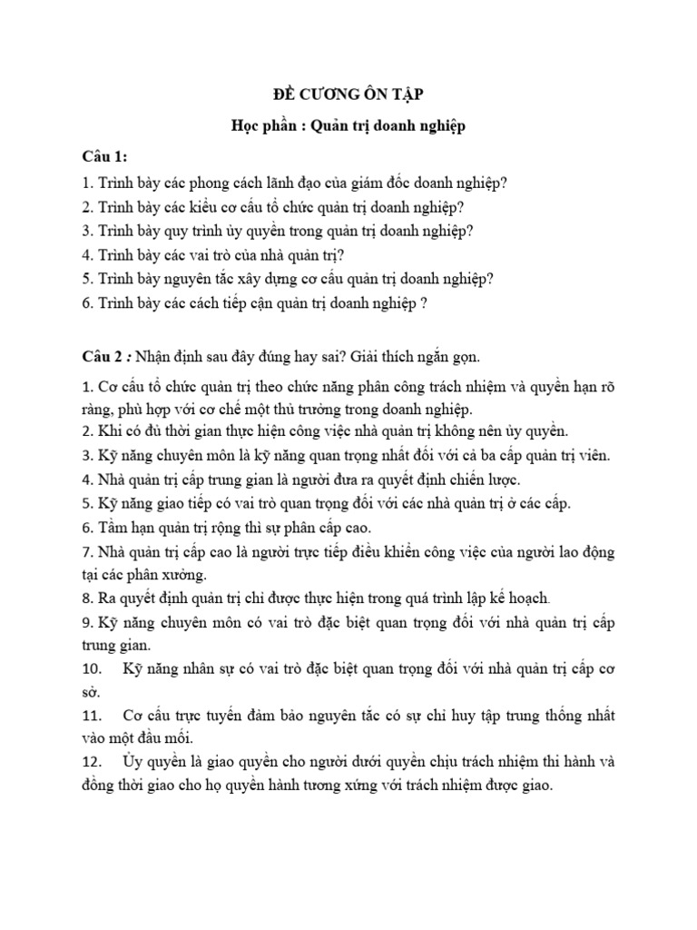 ĐỀ CƯƠNG ÔN TẬP QTDN 2TC 1 | PDF