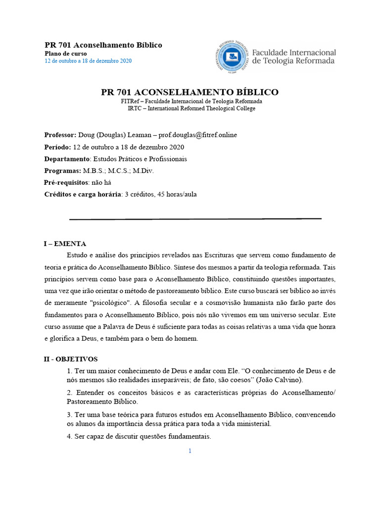 Plano de curso-PR-701-Aconselhamento Biblico | PDF | Bíblia | Psicologia