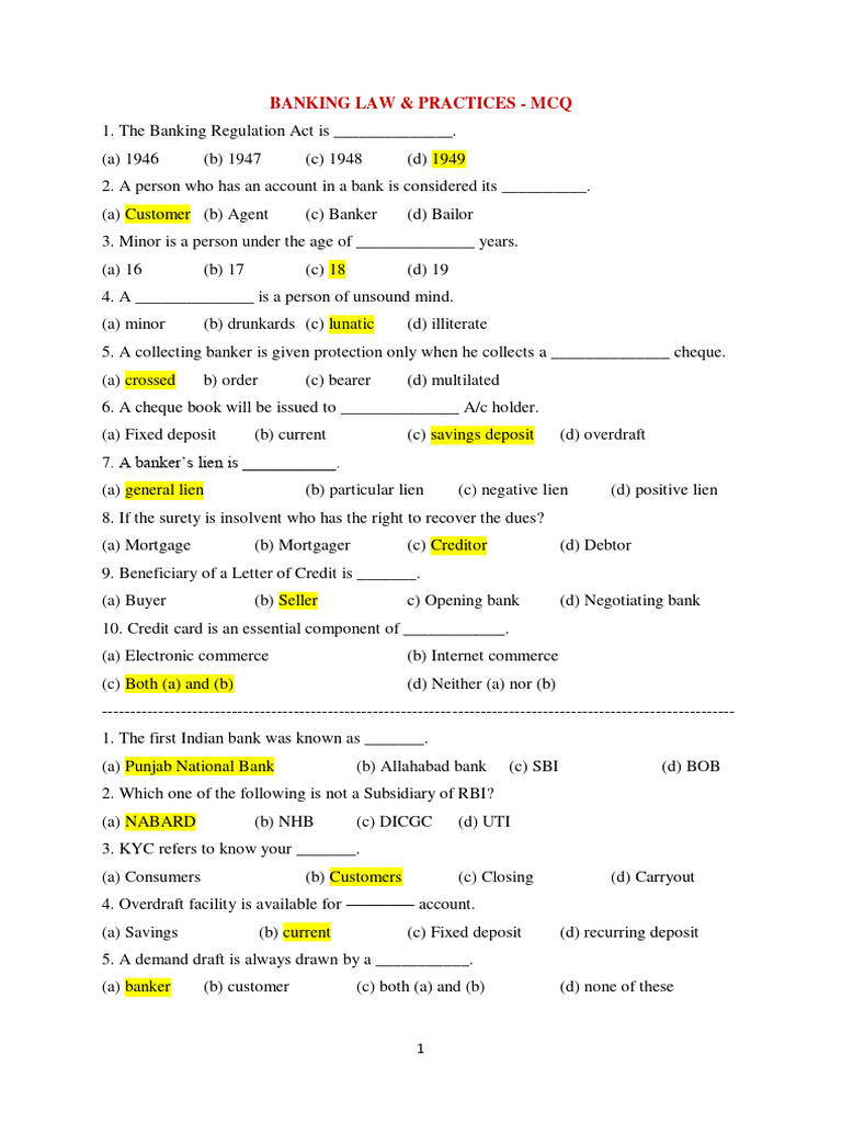 Banking Law - MCQ | PDF