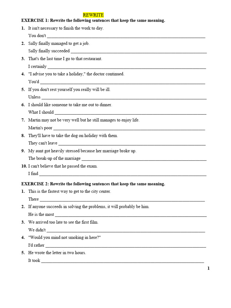 Sentence Rewriting Exercises for Practice | PDF