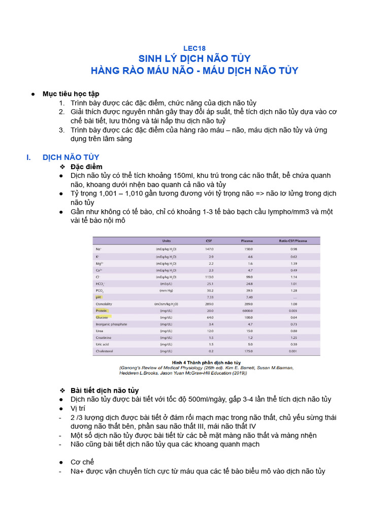 LEC18 DỊCH NÃO TỦY - HÀNG RÀO NÃO | PDF