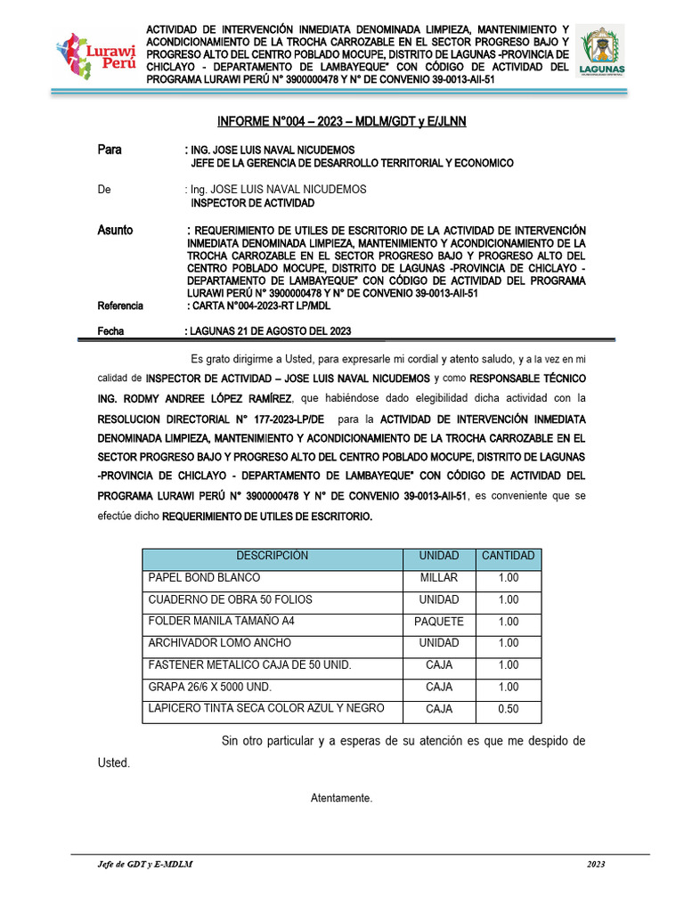 Informe N°004 Requerimiento Utiles de Escritorio - Progreso | PDF