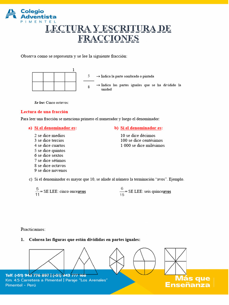 Lectura y Escritura de Fracciones para Segundo de Primaria | PDF