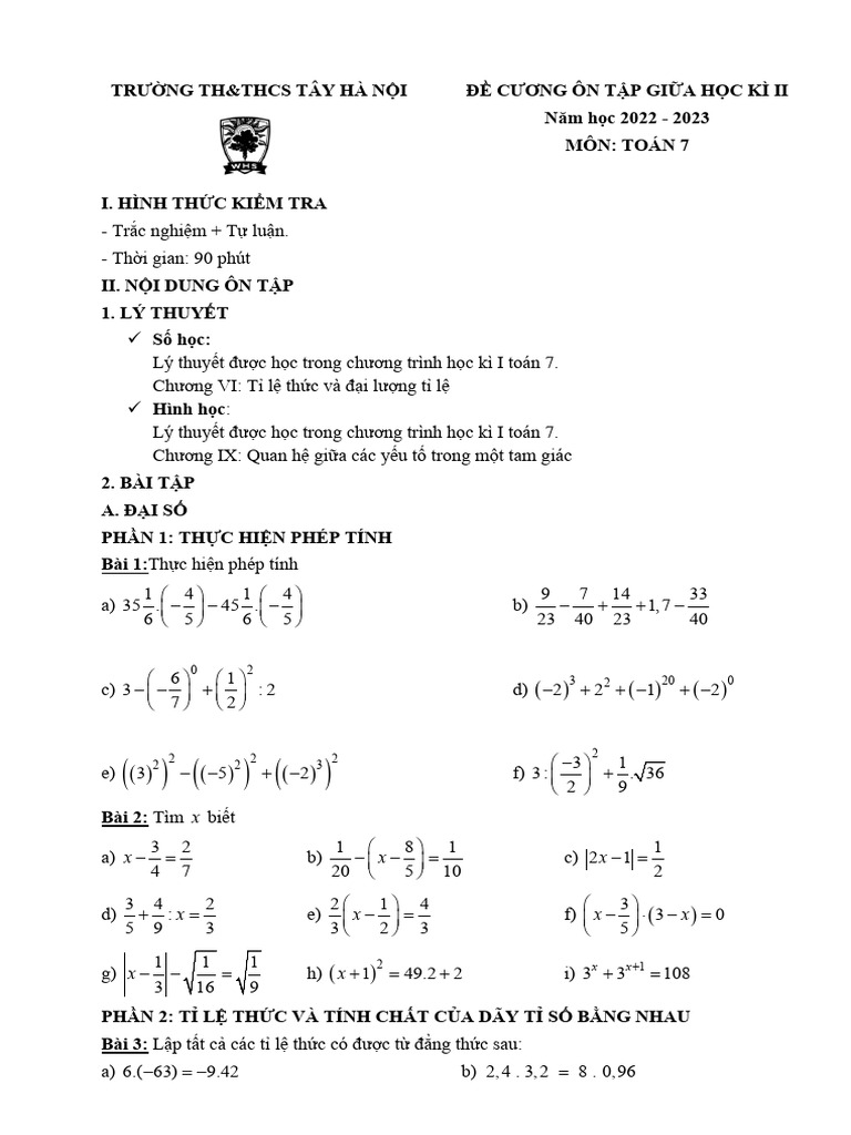 De Cuong Giua Ki 2 Toan 7 Nam 2022 2023 Truong TH Thcs Tay Ha Noi | PDF