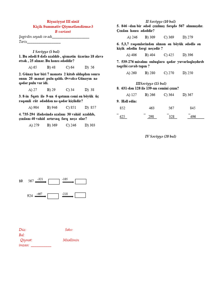3cü Sinif Riyaziyyat KSQ 3 B | PDF