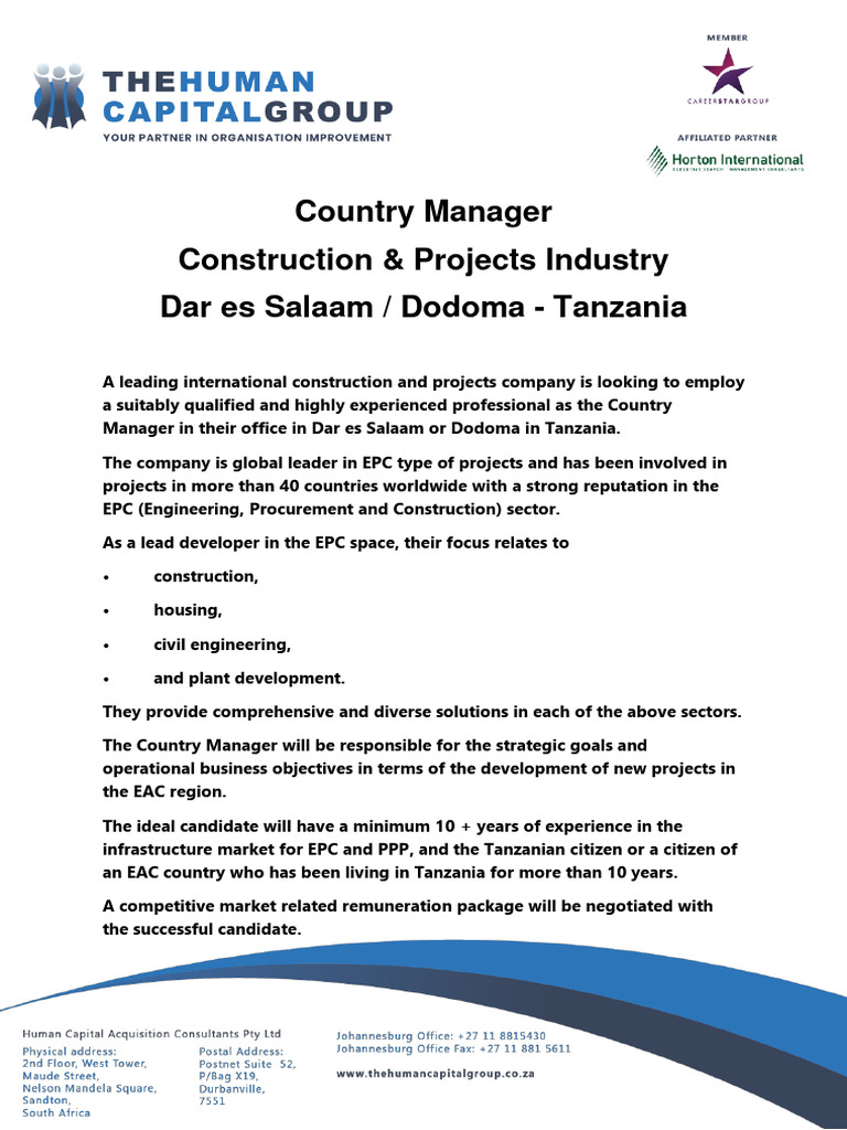 Country Manager Job in Tanzania EPC Sector | PDF | Tanzania | Economies