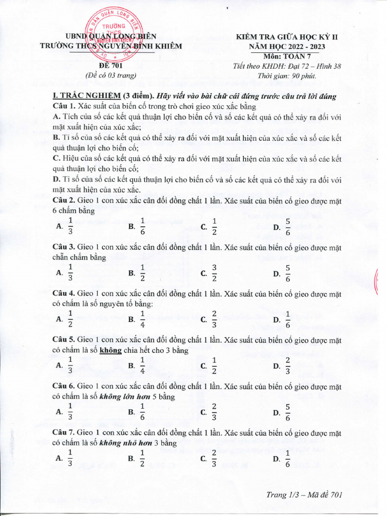 De Giua Hoc Ky 2 Toan 7 Nam 2022 2023 Truong Thcs Nguyen Binh Khiem Ha Noi | PDF