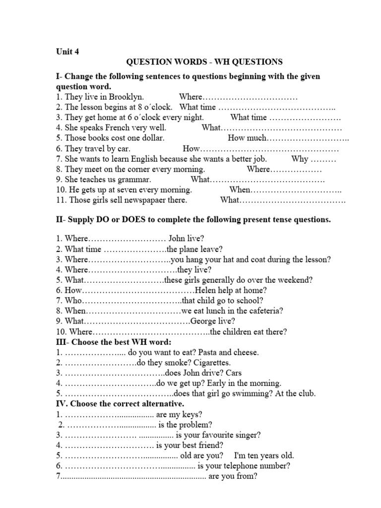 WH Questions Exercise | PDF | Question | Language Mechanics