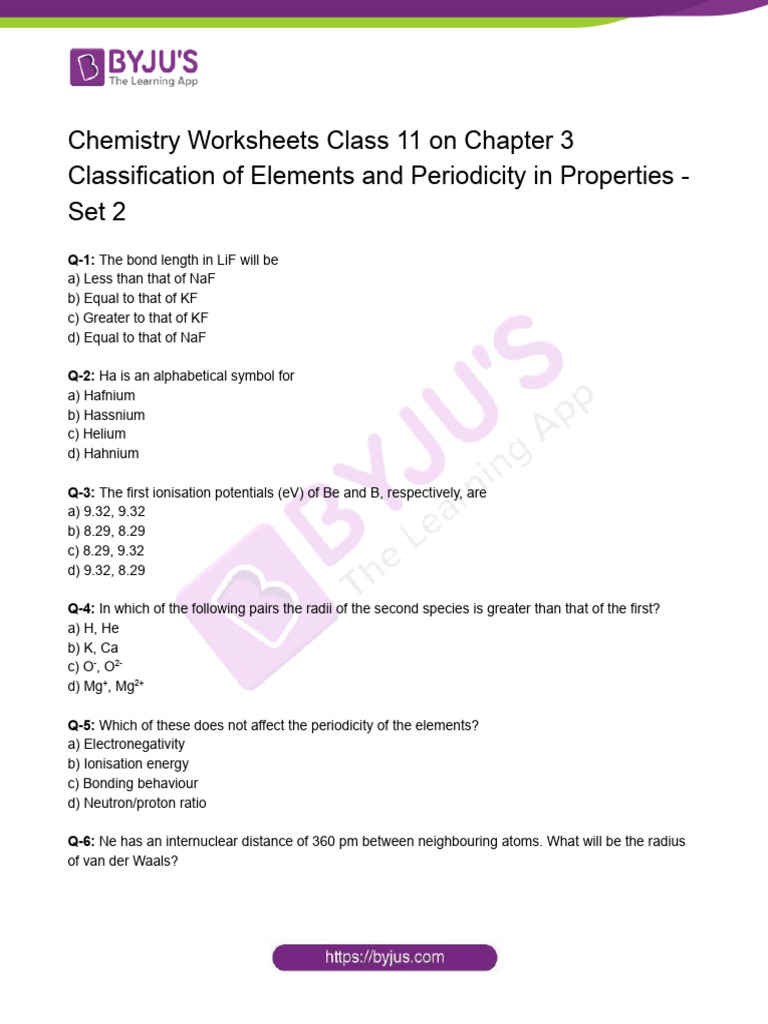 Chemistry Worksheets Class 11 On Chapter 3 Classification of Elements and Periodicity in ...