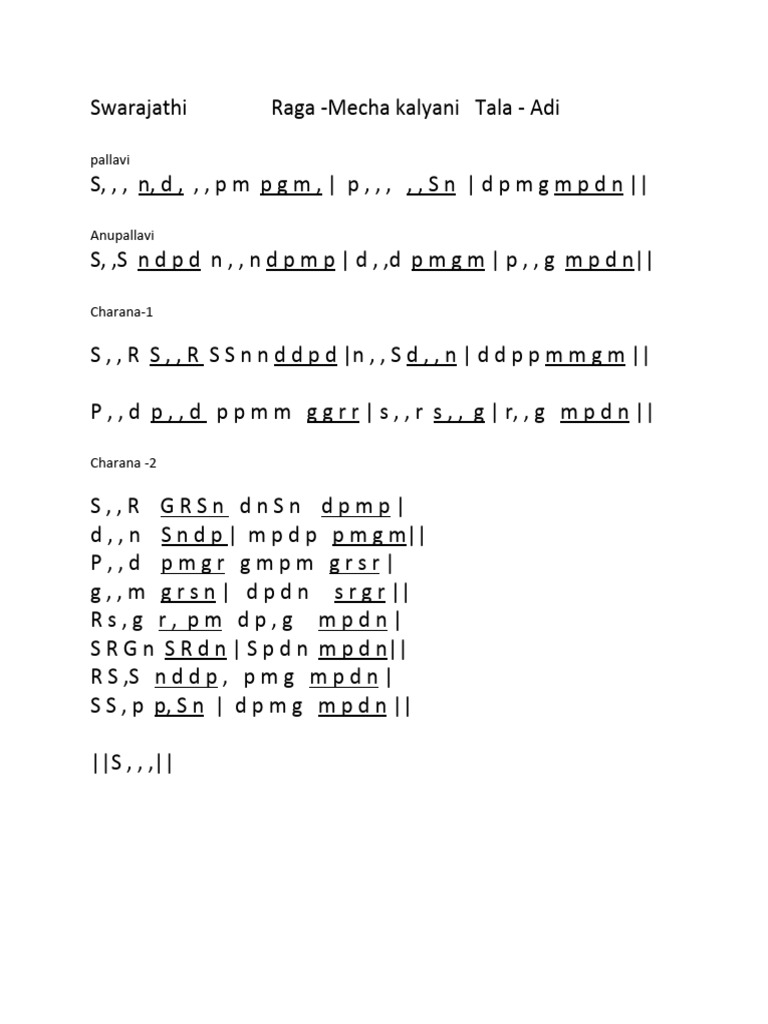 Mecha Kalyani Swarajathi Notation | PDF | Foreign Language Studies ...