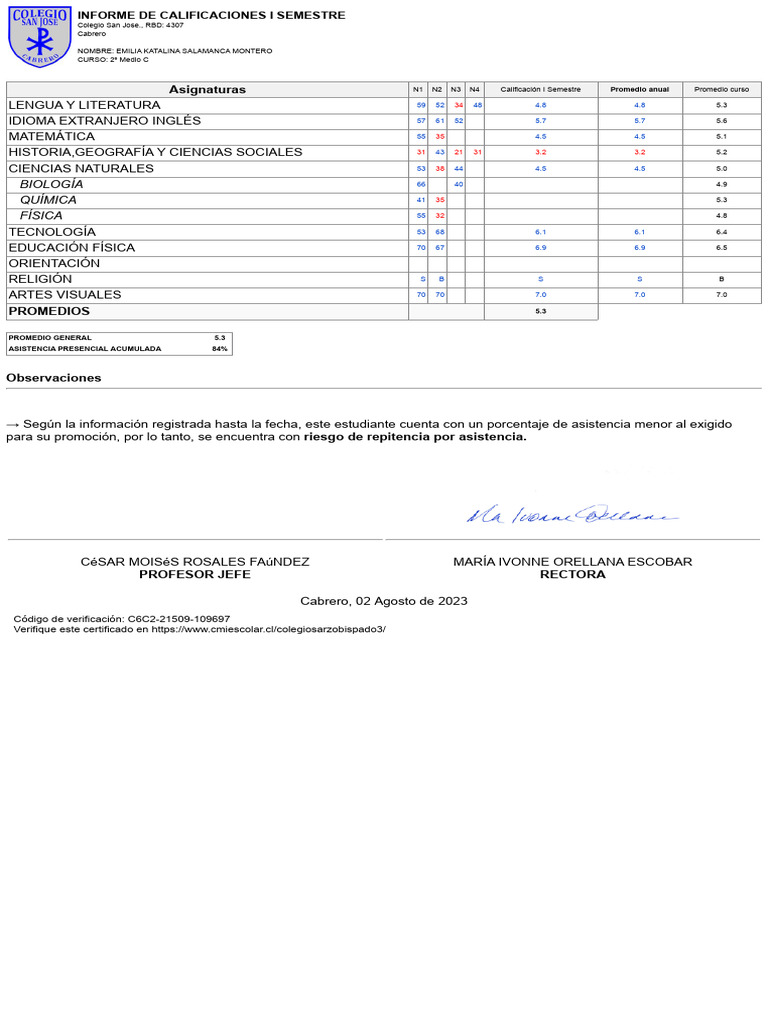 Informe de Calificaciones CMI Escolar | PDF