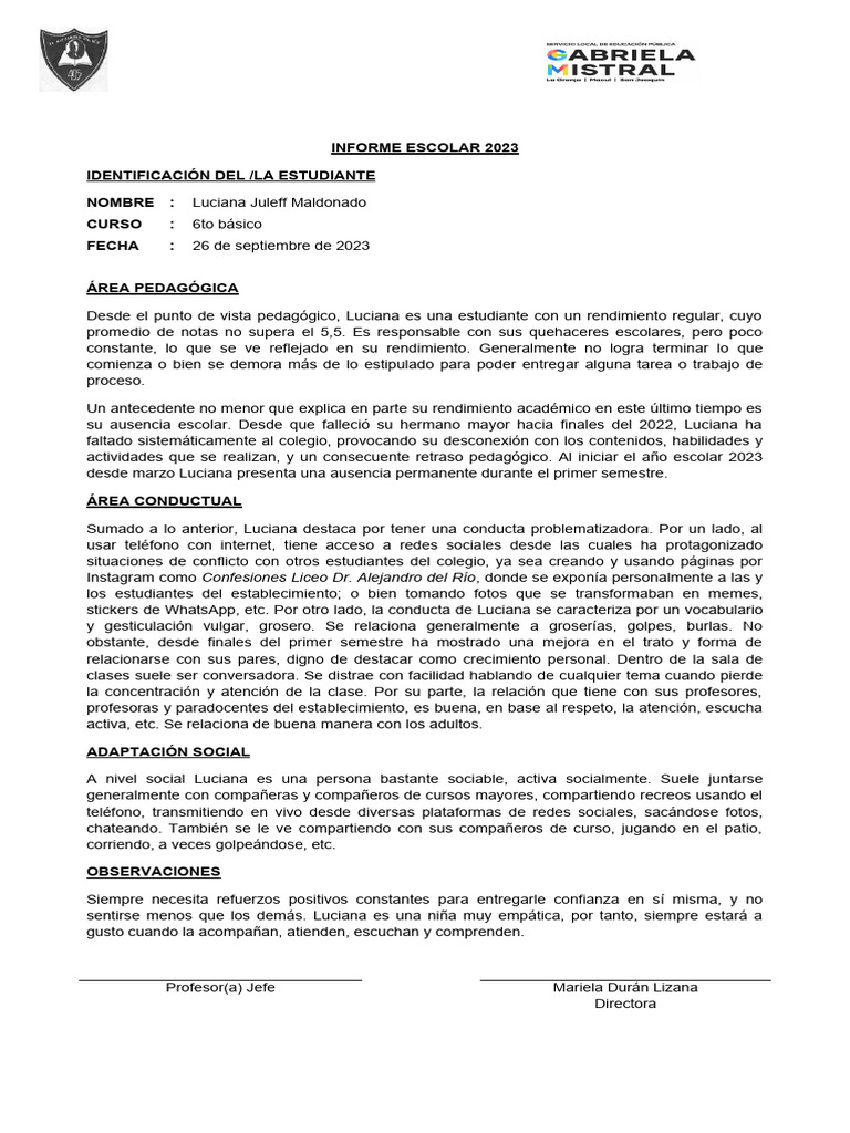 INFORME ESCOLAR FORMATO | PDF