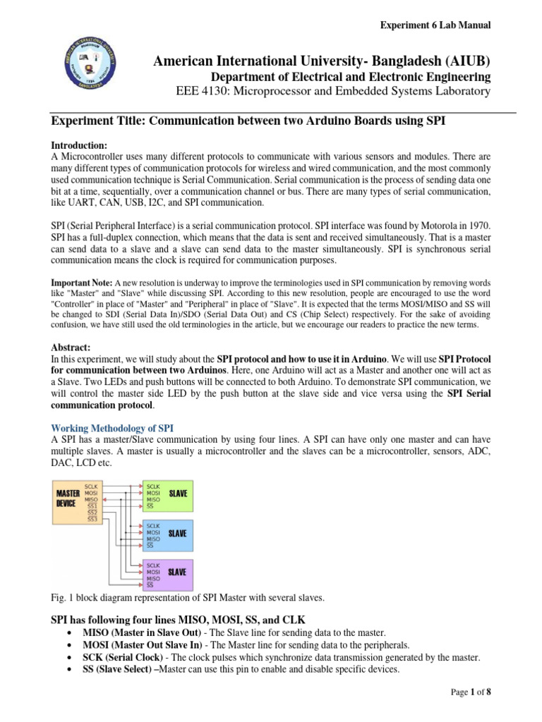 Lab Manual 6 SPI | PDF | Arduino | Information And Communications Technology
