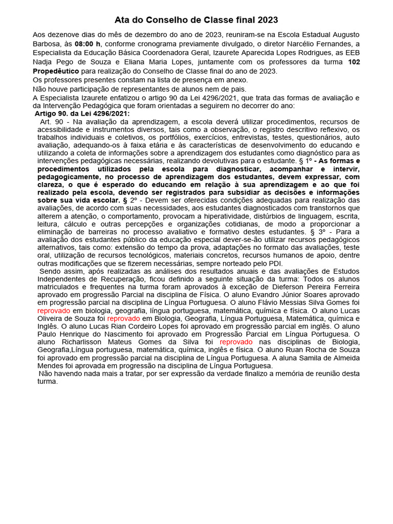 102 Propedeutico Ata Conselho de Classe Final | PDF
