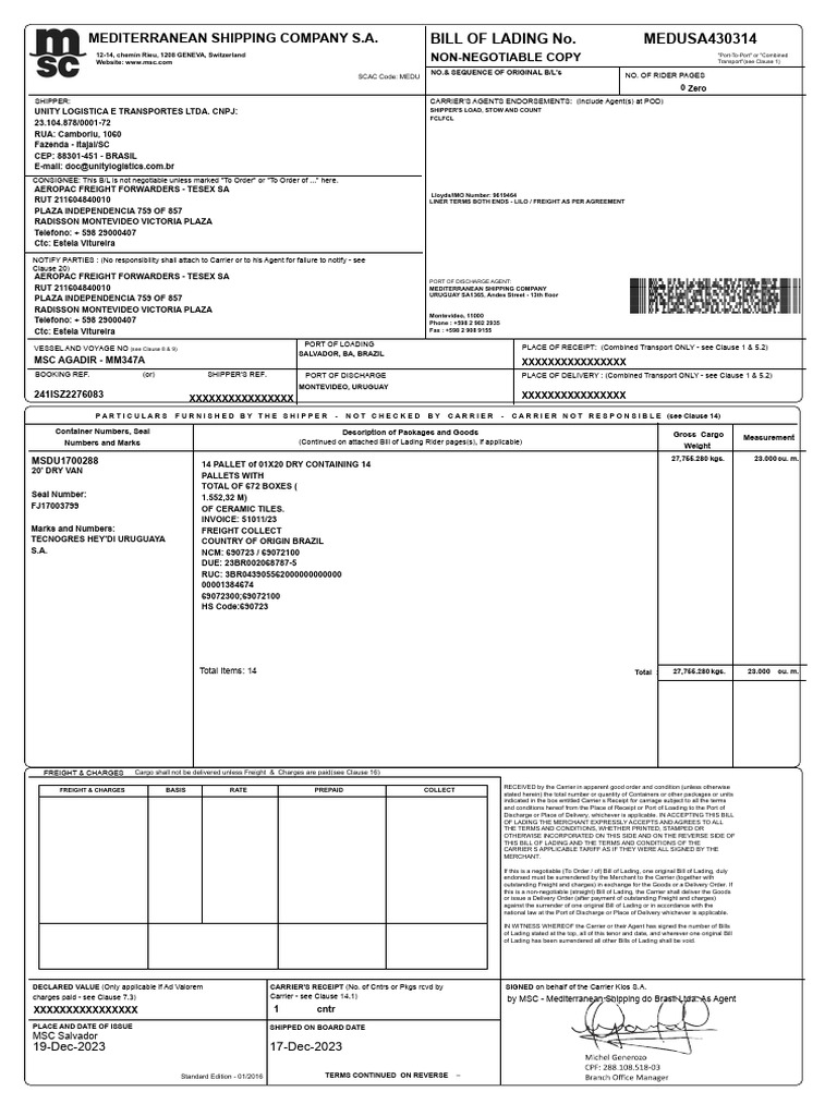 Medusa430314 MBL | PDF | Bill Of Lading | Cargo