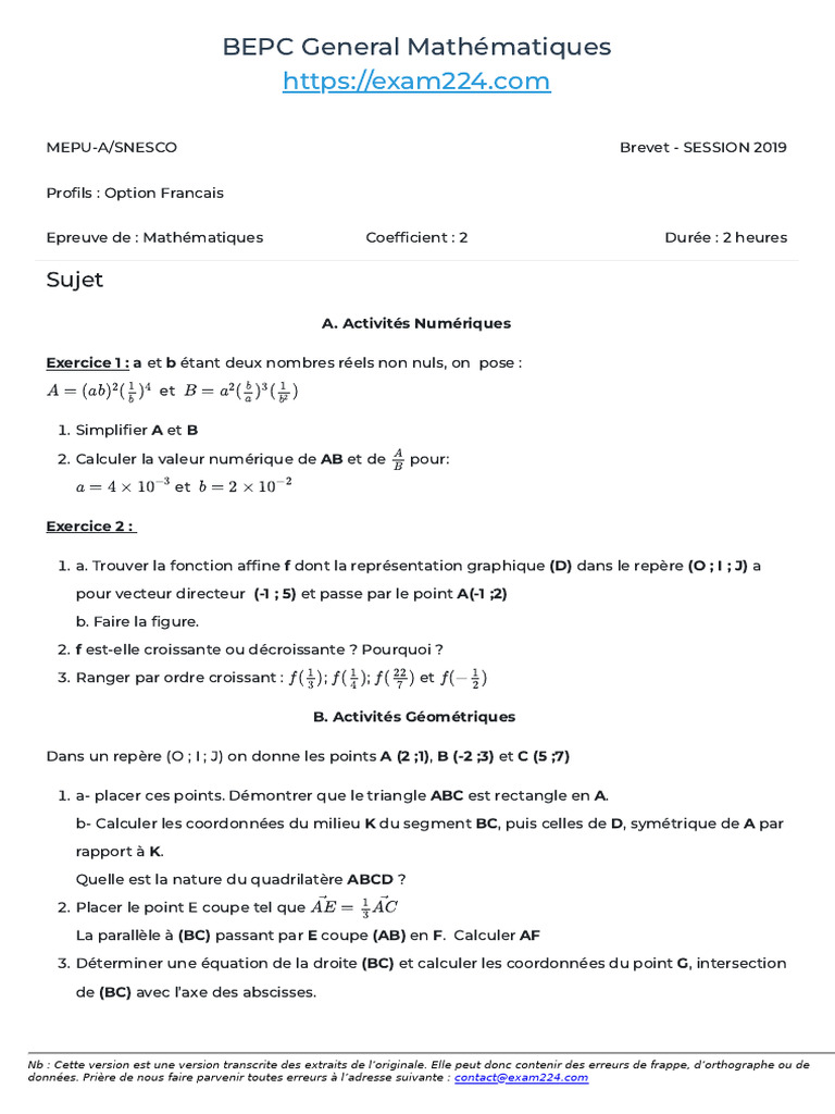 Sujet BEPC Maths 2019 | PDF | Coordonnées cartésiennes | Mathématiques ...