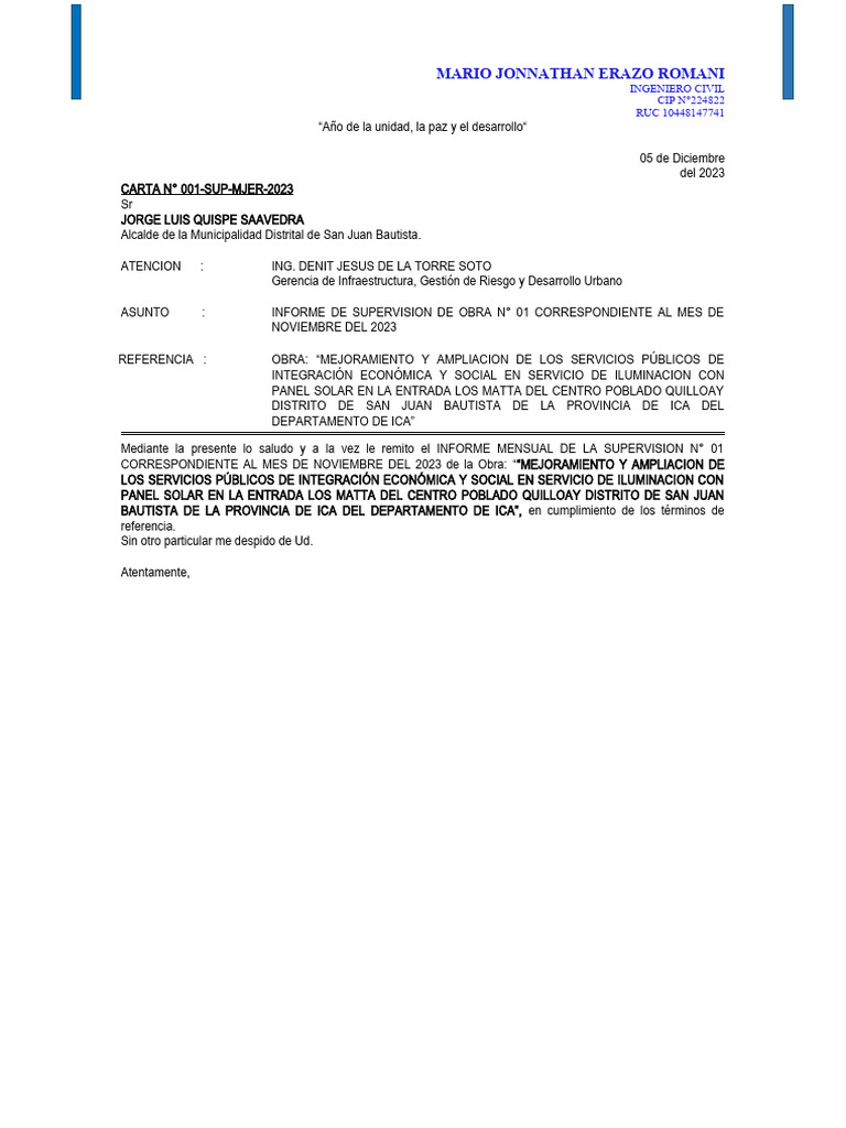 Carta Informe 1 Mensual | PDF