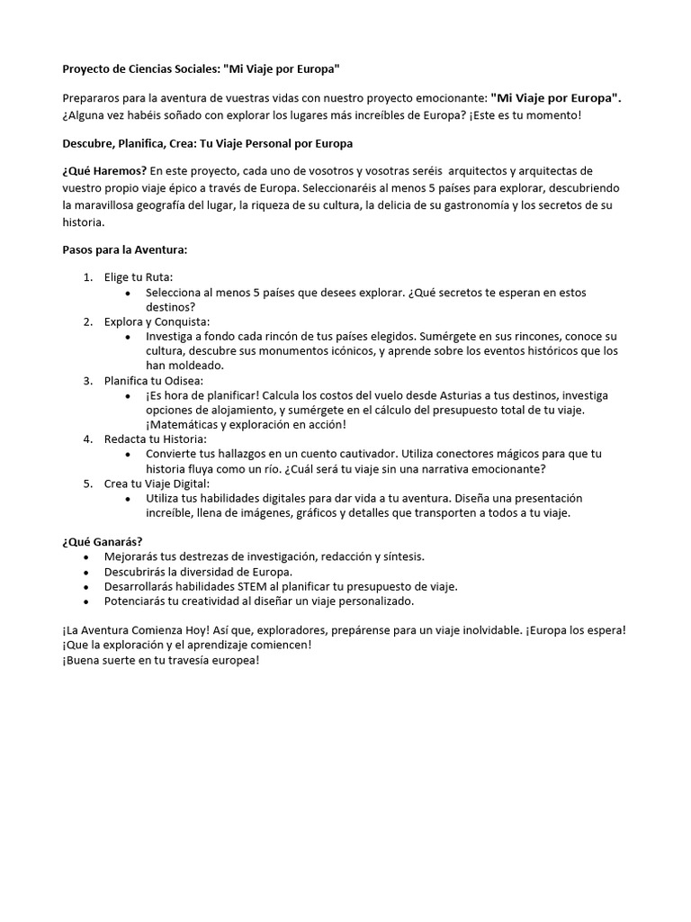 Proyecto "Mi Viaje por Europa" | PDF | Aprendizaje | Creatividad