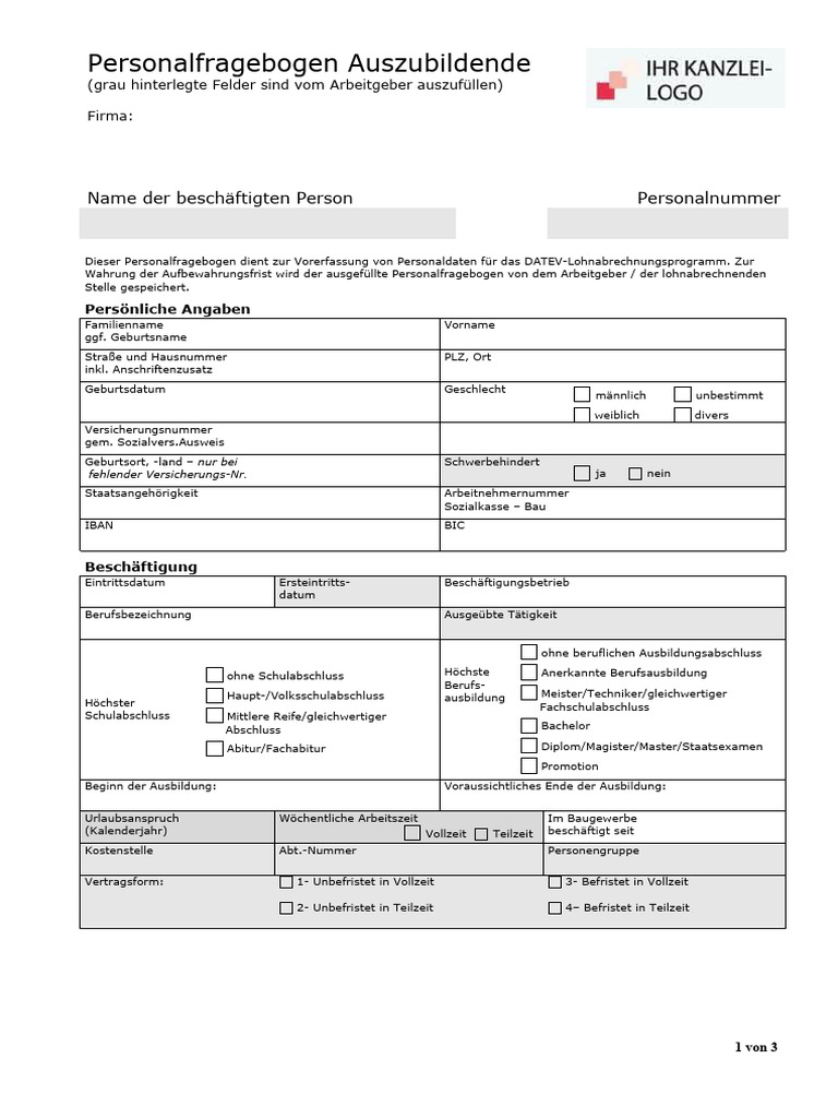 Personalfragebogen Auszubildende | PDF