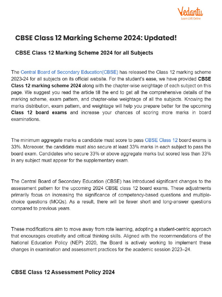CBSE Class 12 Marking Scheme 2024 - Updated! | PDF