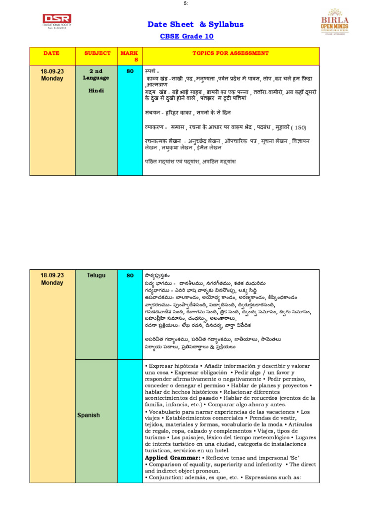 TERM - 1 - Grade 10 - Date Sheet 23 - 24 | PDF