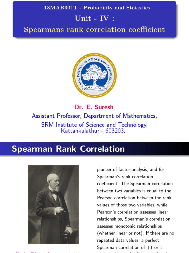 Unit - IV - Spearman Rank Correlation | PDF | Spearman's Rank Correlation Coefficient ...