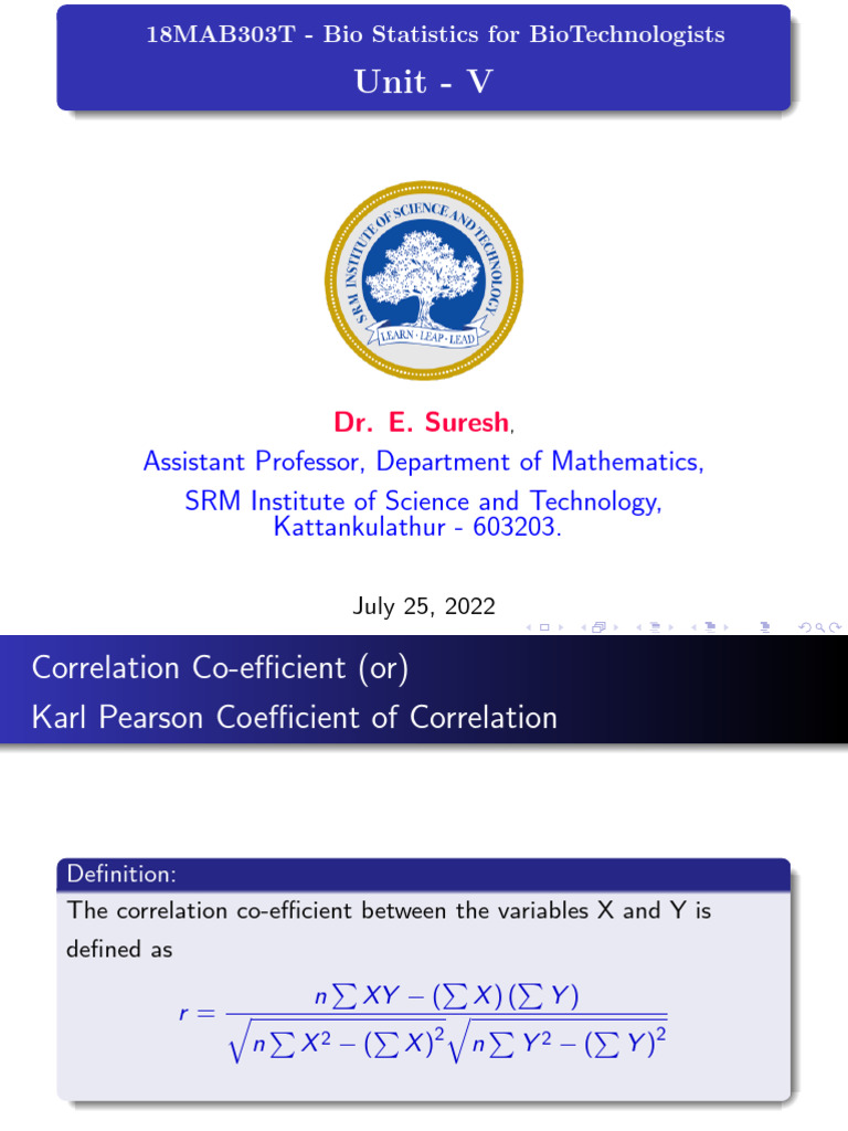 UNIT V Karl Pearson Correlation Coefficient | PDF | Probability | Probability Theory